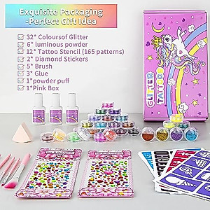Temporary Glitter Tattoos Kids,32 Glitter Colors and 6 Fluorescent Colors,165 Stencils,2 diamond stickers,3 Glue,5 Brushes,1 Powder Puff,Adults and Kids Arts Glitter Kit,Holiday Gifts for Girls&Boys.