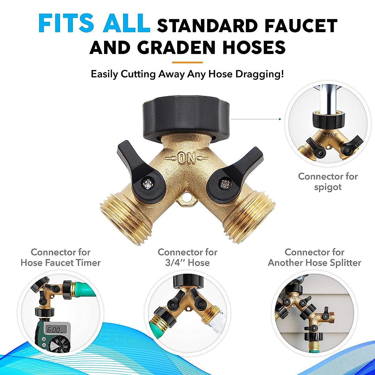 Garden Hose Splitter 2 Way, Heavy Duty Brass Connector Hose Y Splitter with Rubber Washers, Water Splitter Adapter 2 Valves for Garden Hose Spigot Faucet