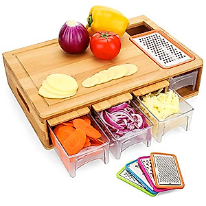 BRITOR Bamboo Cutting Board with Drawers, Large Chopping Board with Juice Grooves, Easy-Grip Handles & Food Sliding Opening, Carving Board with Trays for Food Storage, Transport and Cleanup