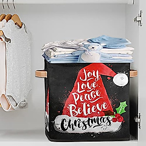 Large Collapsible Storage Bins,Christmas Hat Decorative Canvas Fabric Storage Boxes Organizer with Handles,Cube Square Baskets Bin for Home Shelves Closet Nursery Gifts