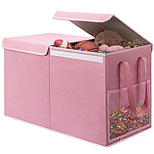 LOVSTORAGE Large Toy Box for Boys Girls Toy Chest Kids Toy Storage Organizer Collapsible Toy Storage Bin Basket with Two Mesh Pockets for Nursery Playroom Bedroom Living Room Organization