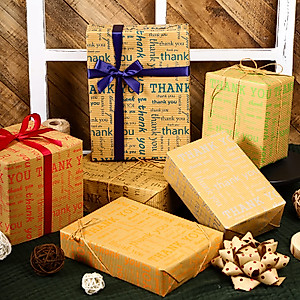 Packanewly Wrapping Paper - 6 Folded Kraft Sheets with DIY Sticker, Ribbon, Tape - Word Thank You Design Gift Wrap Sheet - 19.6 x 27.5 inches per Sheet