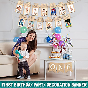 One High Chair First Birthday Burlap Banner One Banner and 1st Birthday Photo Banner for Boy Girl Newborn 12 Month One Year Old Birthday Decorations Monthly Milestones Garland Photo Prop Supplies