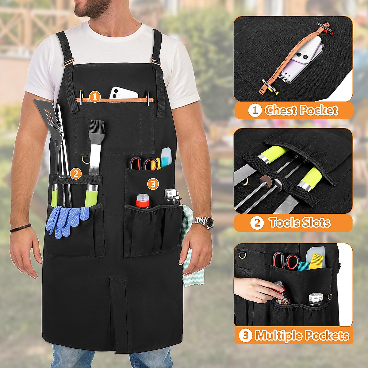 HODRANT Heavy-duty BBQ Grilling Apron, Outdoor Cooking Apron for Men & Women Chef with Dual Shoulder Straps & Adjustable Buckle, Anti-oil Kitchen Apron with Multiple Pockets & Slit Hem, Apron Only