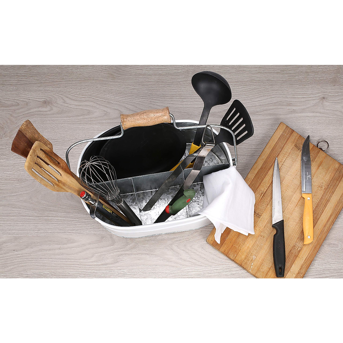 Bedding Craft Farmhouse Utensil Caddy -All Serveware - Galvanized Metal Organizer for Kitchen Counter,Metal Caddy,Wooden Handle Indoor/Outdoor Storage For Flatware, Condiments, Party Cutlery - White