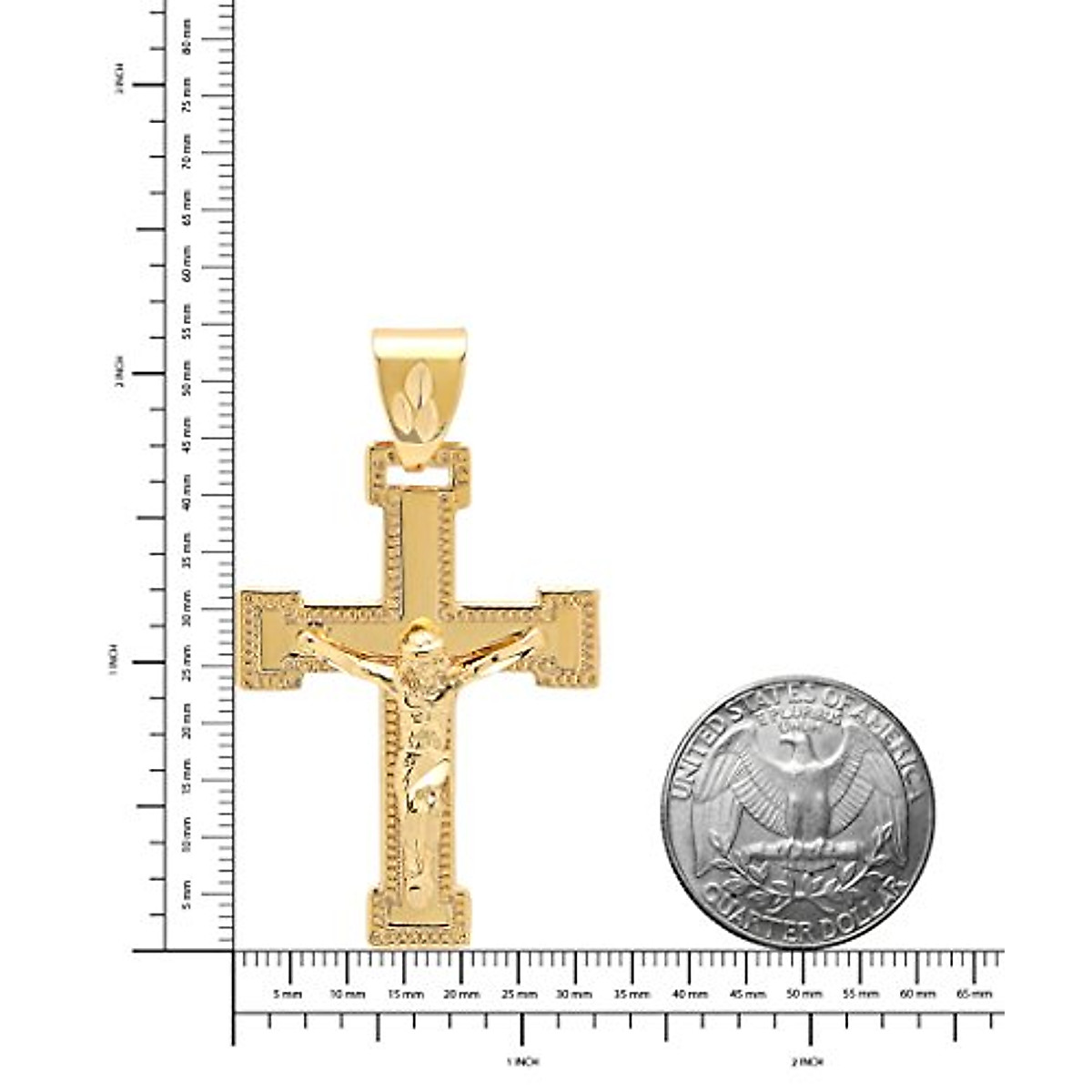 The Bling Factory Large 32mm x 46mm 14k Gold Plated Milgrain Bordered Crucifix Pendant
