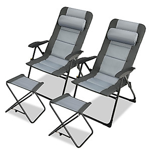 GYMAX Patio Chairs with Ottomans, Outdoor Recliner Set of 2 with 7-Level Backrest, Armrest, Detachable Headrest & Back Pocket, Padded Folding Camping Lounger for Lawn Balcony Backyard (2)