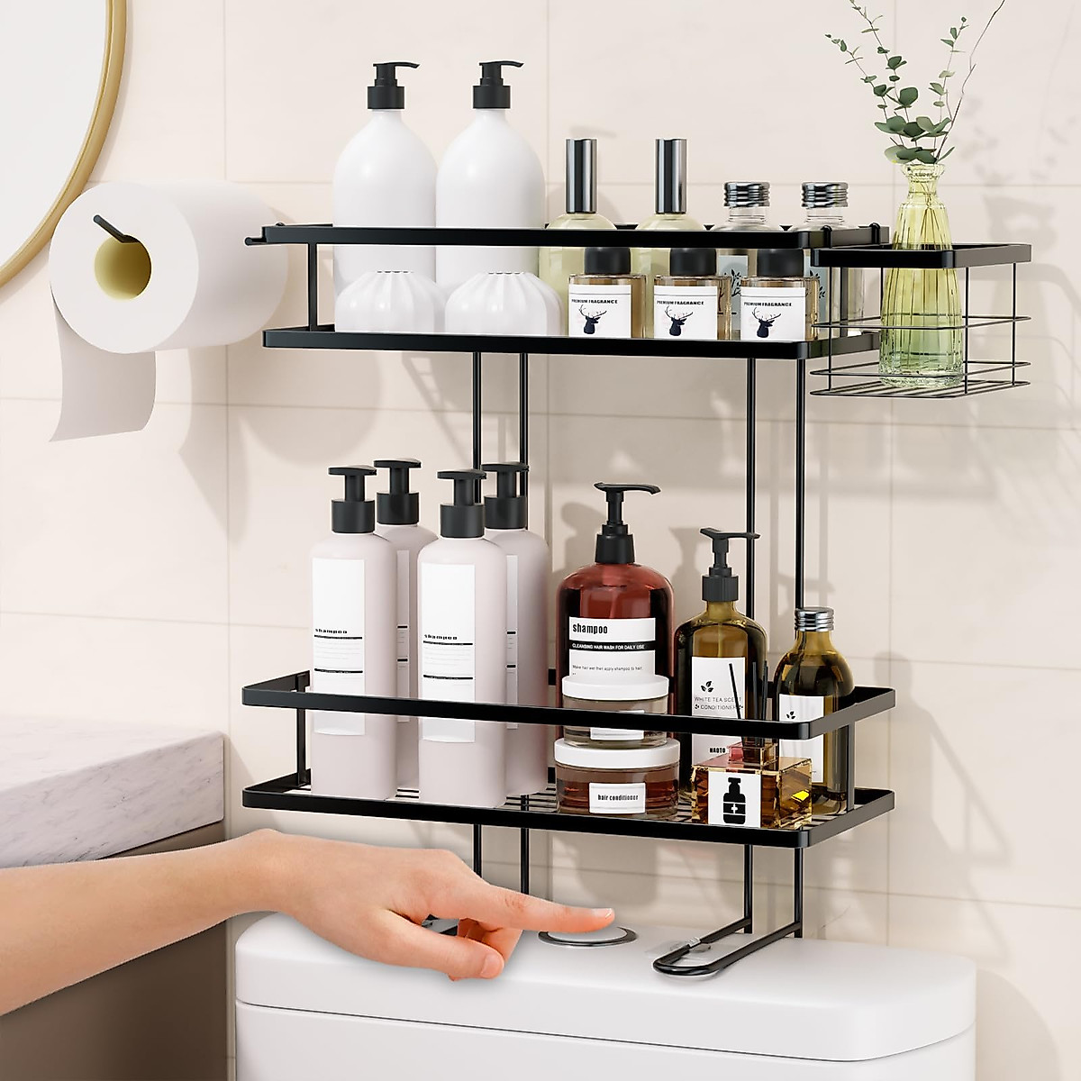 IIQ Over The Toilet Storage,2-Tier Bathroom Organizer Over Toilet with Removable Basket Paper Holder, Above Toilet Storage with Non-Trace Adhesive, No Drilling Toilet Organizer