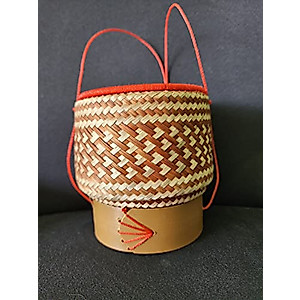 Bamboo Sticky Rice Serving Basket Handmade KRA-Tip Thai Laos Traditional Weave Wickerwork with Vegetable Based Dye Travel Picnic Keeping After Steaming Keep Warm, Multicolored, 5x3.5x5.2''