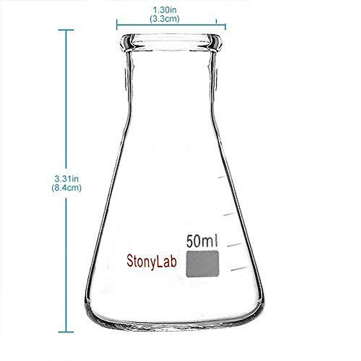 StonyLab 2-Pack Glass 50ml Heavy Wall Narrow Mouth Erlenmeyer Flasks with Heavy Duty Rim - (50ml Fits with StonyLab 4# Rubber Stopper)