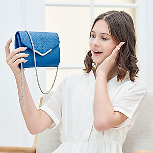 Ava&Lina Clutch Purse for Women, Silver Quilted Clutch, Adjustable Chain Quilted Crossbody (Royal Blue)