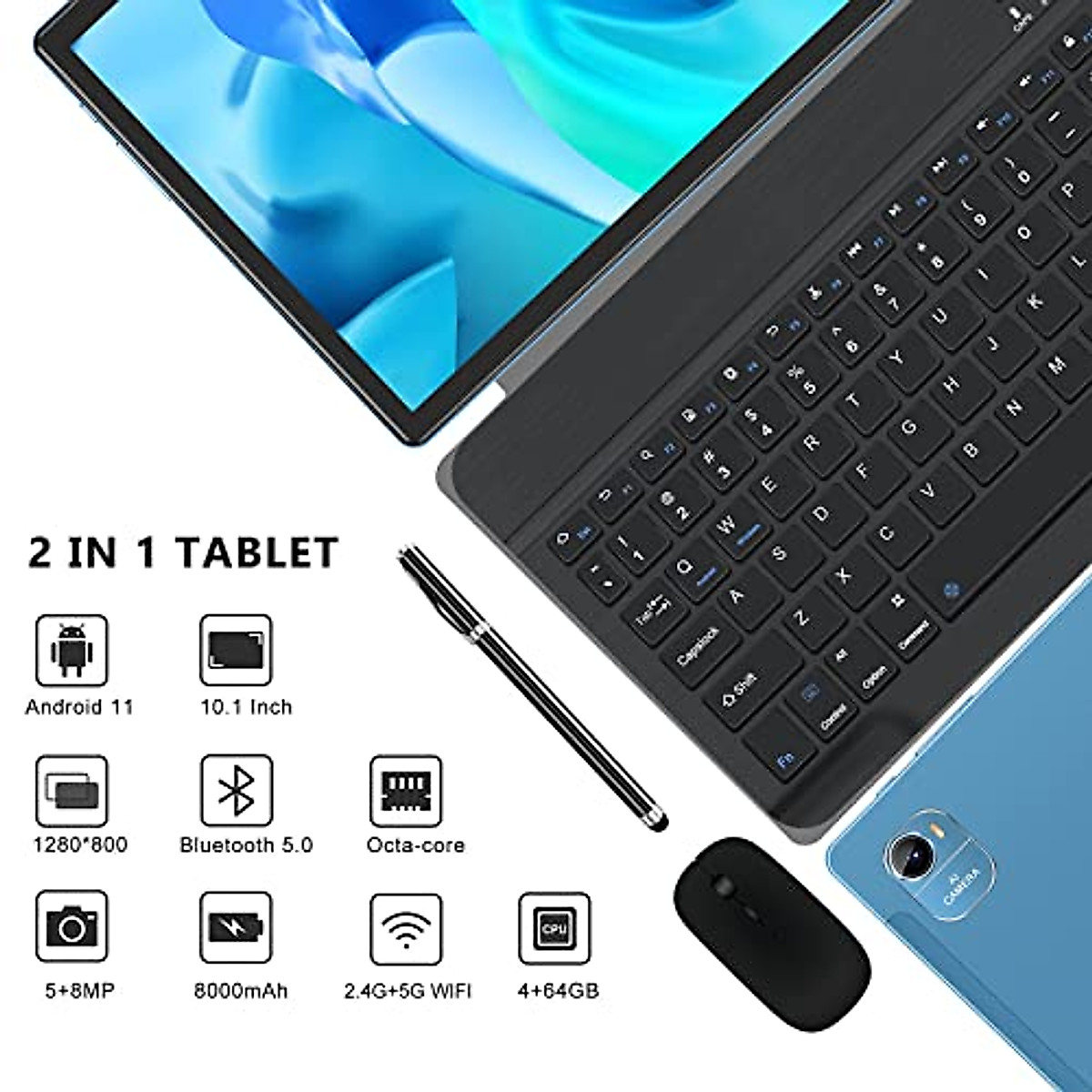 Oangcc 10.1" Android 11 Tablet, 2 in 1 Tablet 4GB RAM 64GB ROM (Up to 128G) Dual Camera Computer Tablet PC with Bluetooth Keyboard | Wireless Mouse | Stylus | Case | and More - Blue