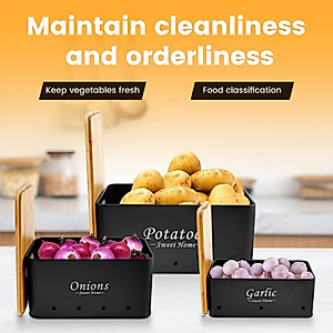 WHSUNVO 3Pcs Onion Garlic Potato Storage Box Set Carbon Steel Potato Onion Storage Bin with Vent Hole Multipurpose Vegetable Keeper Containers Potato Onion Garlic Jars Storage Canisters(Black)