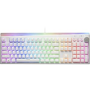 i-rocks K71M RGB Mechanical Gaming Keyboard with Media Control Knob, Gateron Switches (Brown), 107 Keys w/Full NKRO, PBT Keycaps, Multimedia Hotkeys, Detachable USB-C Cable and Onboard Storage, White