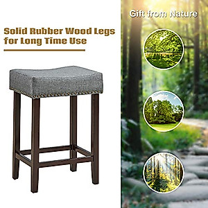 COSTWAY Saddle Stools Set of 2, 24-inch Counter Height Backless Stools with Brass Nailhead Trim, Solid Wood Legs, Foot Rest, Max Load 264 Lbs, Upholstered Bar Chair for Kitchen Island Pub, Grey