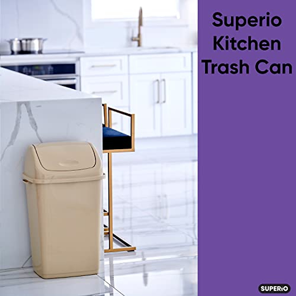 Superio Large Kitchen Trash Can 13 Gallon Beige Swing Top Trash Can with Lid, 52 Qt Garbage Waste Bin for Kitchen, Garage, Indoor, and Outdoor Trash Can