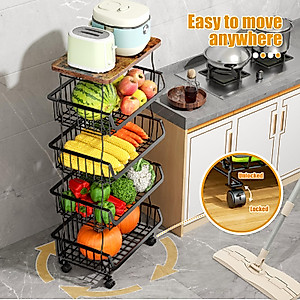 Gsiekare Fruit Vegetable Basket for Kitchen, 5 Tier Stackable Fruit Vegetable Storage Baskets with Wheels, Metal Wire Storage Basket Organizer Cart for Kitchen, Pantry, Bathroom