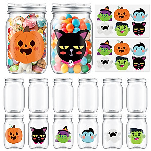 JAPBOR Halloween Candy Jars Containers - 14PCS Halloween Small Plastic Cookie Candy Jar with Lid Pumpkin Ghost Sticker Decoration, DIY Sugar Storage Dish Craft, Halloween Party Favor Gift Bottle Decor