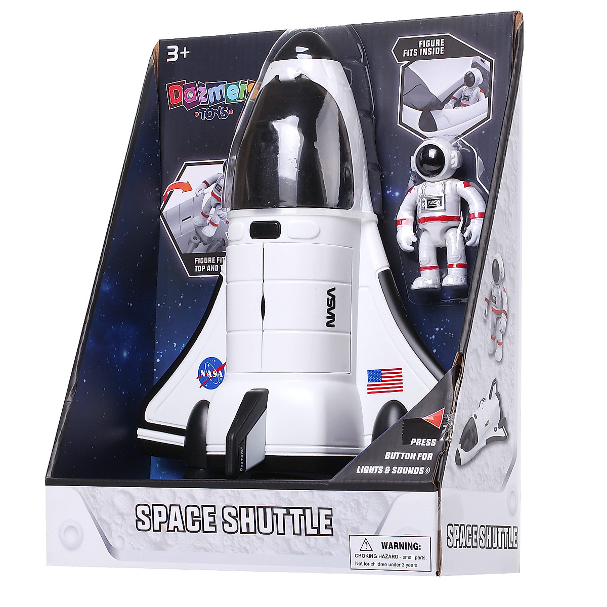 Dazmers Spaceship Shuttle Toy with Astronaut Figure - Light-Up Rocket Ship with Blast-Off Sound Effects - Space Exploration Play and Interactive Space Toys for Kids 5-8 Years Old - 10x8x4 Inches