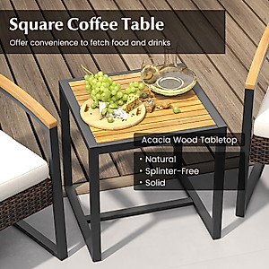 Tangkula 3 Piece Patio Conversation Set, Includes 2 Rattan Chairs and Coffee Table, Solid Acacia Wood Armrests & Tabletop, Outdoor Cushioned Wicker Furniture Set for Backyard, Poolside, Lawn, Garden