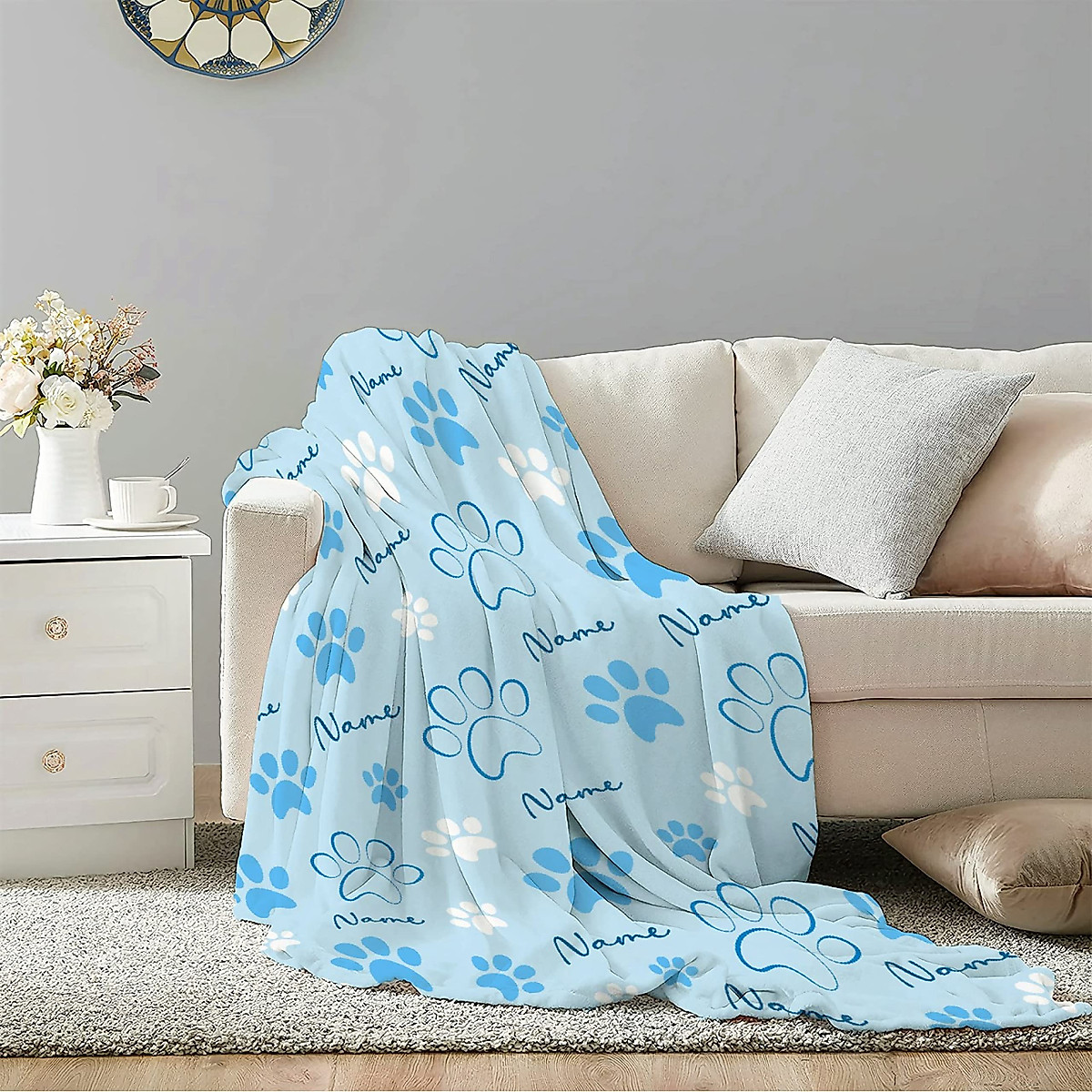 Custom Pet Name Blanket Personalized Dogs Blanket Customized Puppy Blanket,Dog Gift for Dog Lovers Mom Dad Cute Dog Paw Prints Soft Flannel Throw Blanket for Bed Sofa Travel Small 50"x40" for Kids