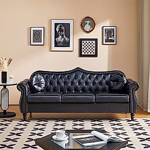 Modern PU Tufted Couch 3 Seater with Rolled Arms and Nailhead, Deep Button Nailhead Tufted Black Upholstered Couches, Roll Arm Classic Tufted Chesterfield Settee Leather Sofa for Living Room (Black)