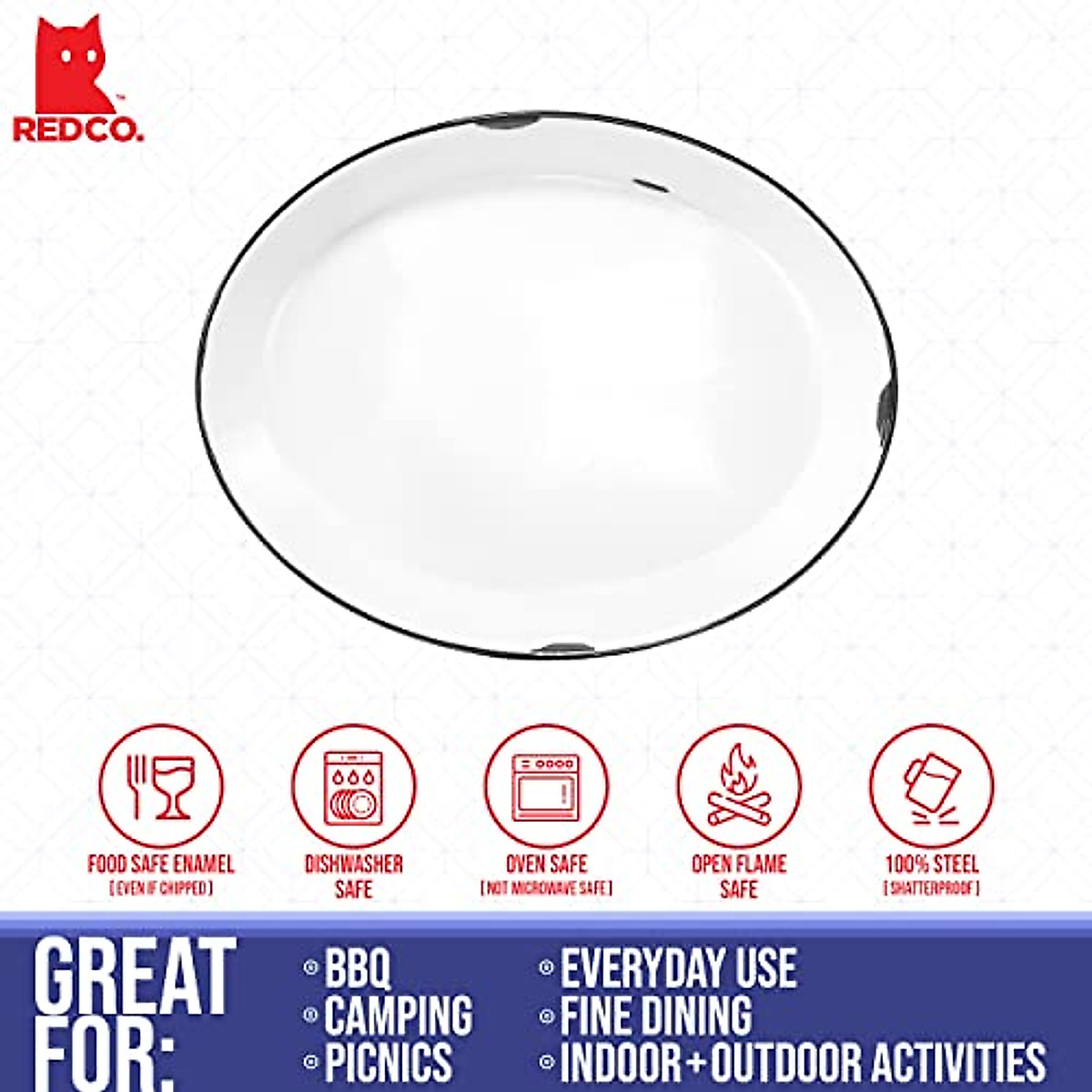 Red Co. Oven Safe Enamelware Metal Classic 16.5” Serving Oval Tray Platter, Distressed White/Black Rim