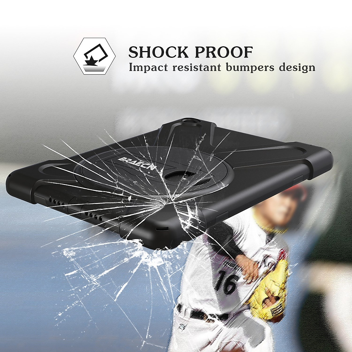 BRAECN iPad Air Shockproof Case - Heavy Duty Full-Body Rugged Protective Case with 360 Degree Swivel Kickstand/Hand Strap/Shoulder Strap for Apple iPad Air 1st Generation 9.7 inch (Black)