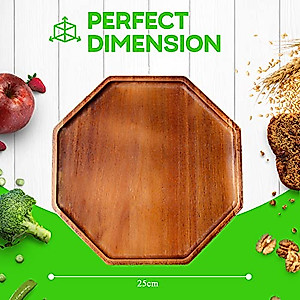10 Inch Solid Acacia Wood Serving Platters and Trays Set of 2 Highly Durable Dishwasher Safe Octagon Party Plates Avoid Sliding and Spilling Food with Easy Carry Grooved Handle Design