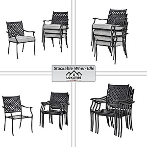 LOKATSE HOME 4 PCS Metal Outdoor Wrought Iron Patio Dining Armrest Chairs with Seat Cushion for Balcony, Garden, Backyard, Grey