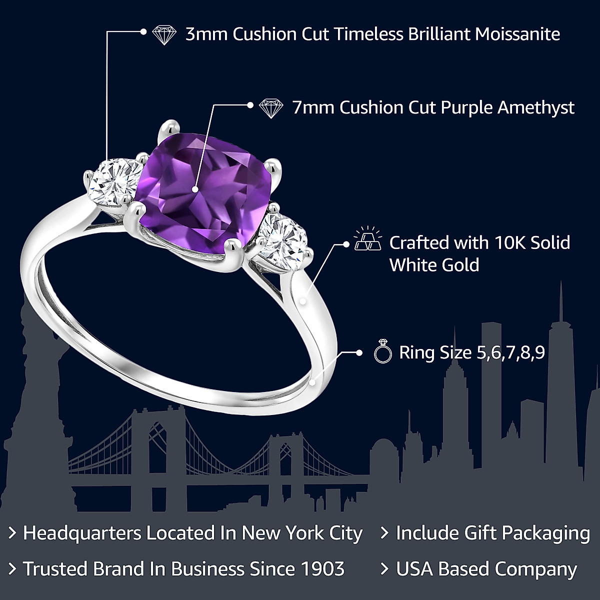 Gem Stone King 1.66 Cttw 10K White Gold Purple Amethyst and White Moissanite 3-Stone Engagement Ring | 3 Stone Wedding Anniversary Promise Ring For Women | Size 5,6,7,8,9