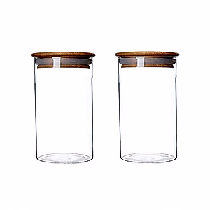 2PCS Empty Thicken Clear Glass Canister Home Kitchen Food Storage Cotainer Jars Pots With Airtight Wood Lids Air Tight Vial Bottles for Coffee Bean Tea Sugar Dry Fruit Nuts Candy (350G)
