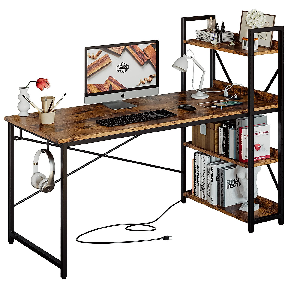 IRONCK Computer Desk 55" with Power Outlet and Storage Shelves, Study Writing Table with USB Ports Charging Station, PC Desk Workstation for Home Office, Rustic Brown