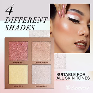 Highlighter Palette Highlighter Makeup Iluminador - Glow Bronzer Powder Makeup Highlighter Kit With Mirror - 4 Highly Pigmented Face Highlighter Shimmer Colors - Vegan, Cruelty Free & Hypoallergenic