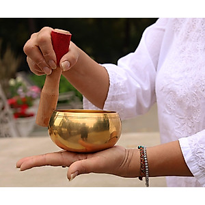 DharmaObjects Medium ~ Tibetan OM MANI Singing Bowl Set ~ With Mallet, Brocade Cushion & Carry Bag ~ For Meditation, Chakra Healing, Prayer, Yoga (Yellow)