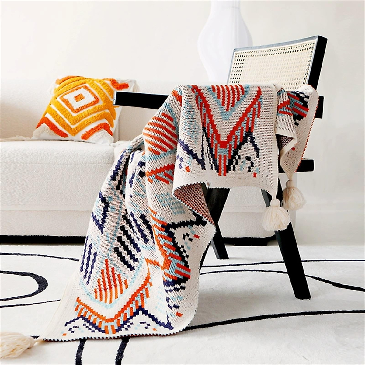 BTFYaHe Boho Chic Knitted Wool Blanket - Versatile Couch and Camping Blanket, Perfect for Fall - Thick Mexican Bohemian Throw-50X60 Inch