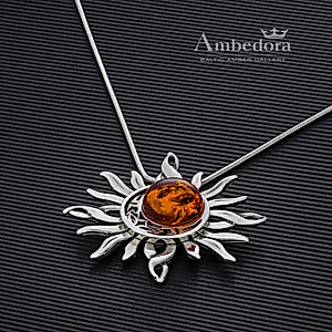AMBEDORA Women's 925 Silver Oxidised Round Baltic Amber Celtic Sun & Moon Pendant on a Chain with a Snake Chain Gift Set