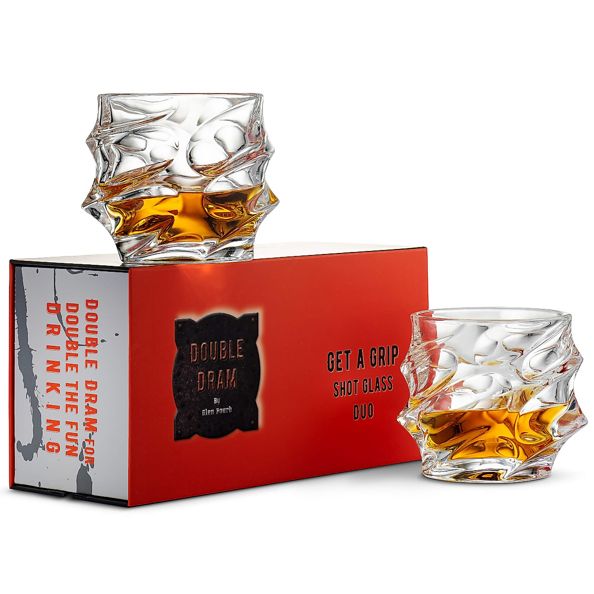 Premium Crystal 11 Oz. Whisky Glasses Set of 2 | Fun "Get a Grip" Design Makes Prime Men's Corporate Gift Idea for Christmas Holiday | For Whiskey, Tequila, Vodka, Rum | Dishwasher Safe - Double Dram
