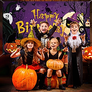 WovWeave Halloween Birthday Party Decorations 5.9 x 3.6 ft Happy Birthday Backdrop Banner Black Cat Evil Pumpkin Ghost Skull Banner for Halloween Birthday Photo Booth Background Indoor Outdoor Decor