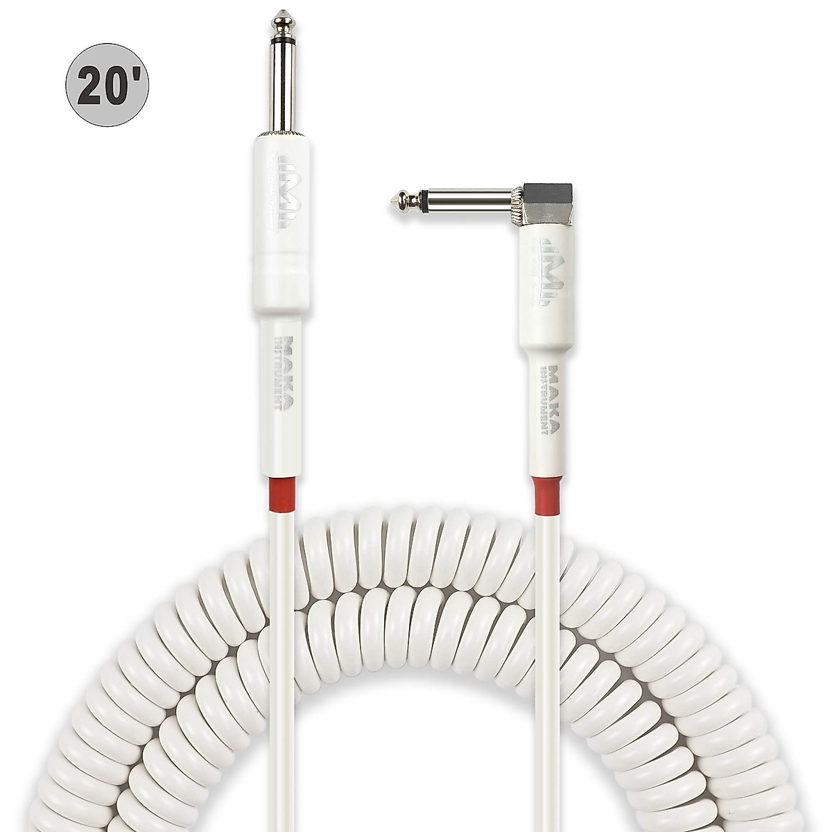 M MAKA Premium Guitar Coil Cable 20 Feet, Instrument Coiled Curly Cord for Guitar Bass, 1/4 inch Right Angle to Straight, White …