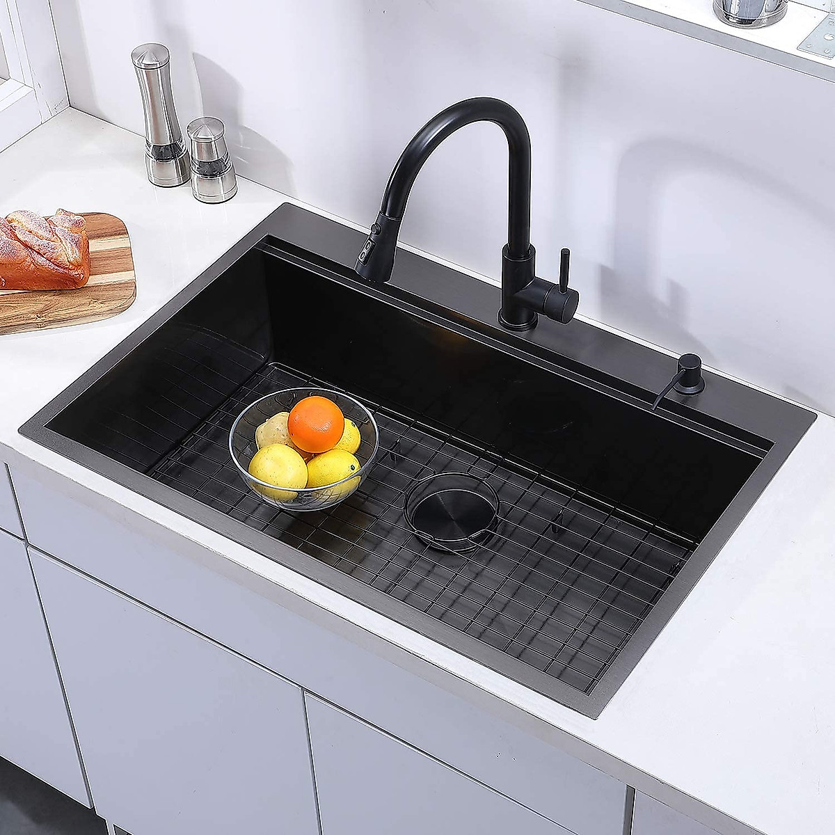 33 Inch Drop In Black Kitchen Sink Workstation-VAPSINT 33x22 Topmount Black Stainless Steel Drop-in Kitchen Sink, Handmade Single Bowl Deep Kitchen Sink with Grid,Drainer,Cutting Board and Colander