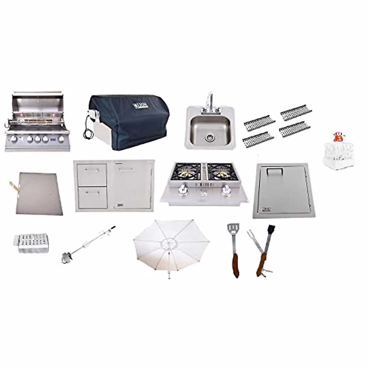 AMS Fireplace Lion BBQ Package Gas Grill 32", Double Side Burner, Door Drawer Combo, Vertical Door, Sink with Faucet and Accessories (Liquid Propane) | Free Table-top Bio Ethanol Fire Pit.