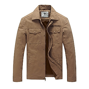 WenVen Men's Flat Collar Casual Cotton Outfit Jacket (Khaki, M)