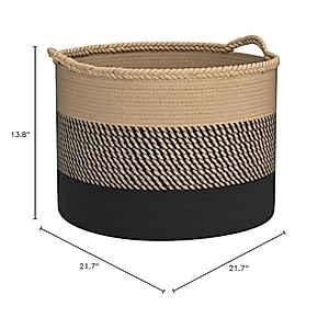 COMSE Extra Large Blanket Basket, Storage Basket, Laundry Basket, 21.7”x 13.8”, Laundry Hamper, Cotton Rope Basket, Blanket Basket Living Room, Toy Basket (Brown & Black)