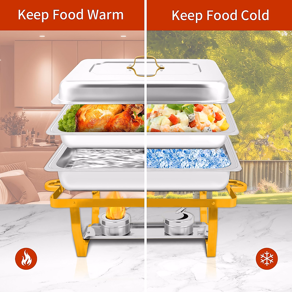 EVGTTI Gold Chafing Dish Buffet Set, Stainless Steel Rectangular Full Size 8 QT Chafers and Buffet Warmer Sets for Catering, Foldable Complete Set with Pan, Lid, Fuel Holder for Event Party (5 Pack)