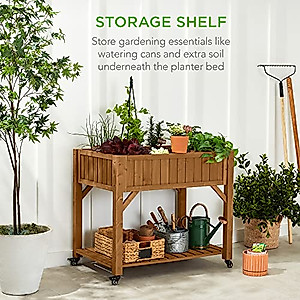 Best Choice Products Elevated 8 Pocket Herb Garden Bed, Mobile Raised Customizable Wood Planter for Herbs, Vegetables, Flowers w/Lockable Wheels, Storage Shelf, Drainage Holes - Acorn Brown