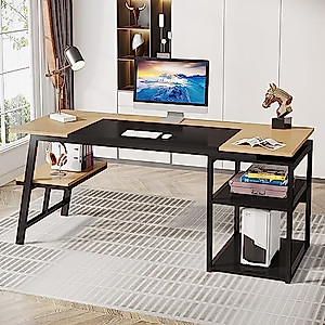 Tribesigns 63” Executive Desk with Storage Shelves, Large Office Computer Desk with Sturdy Metal Frame, Modern Study Writing Desk Workstation for Home Office, Natural/Black