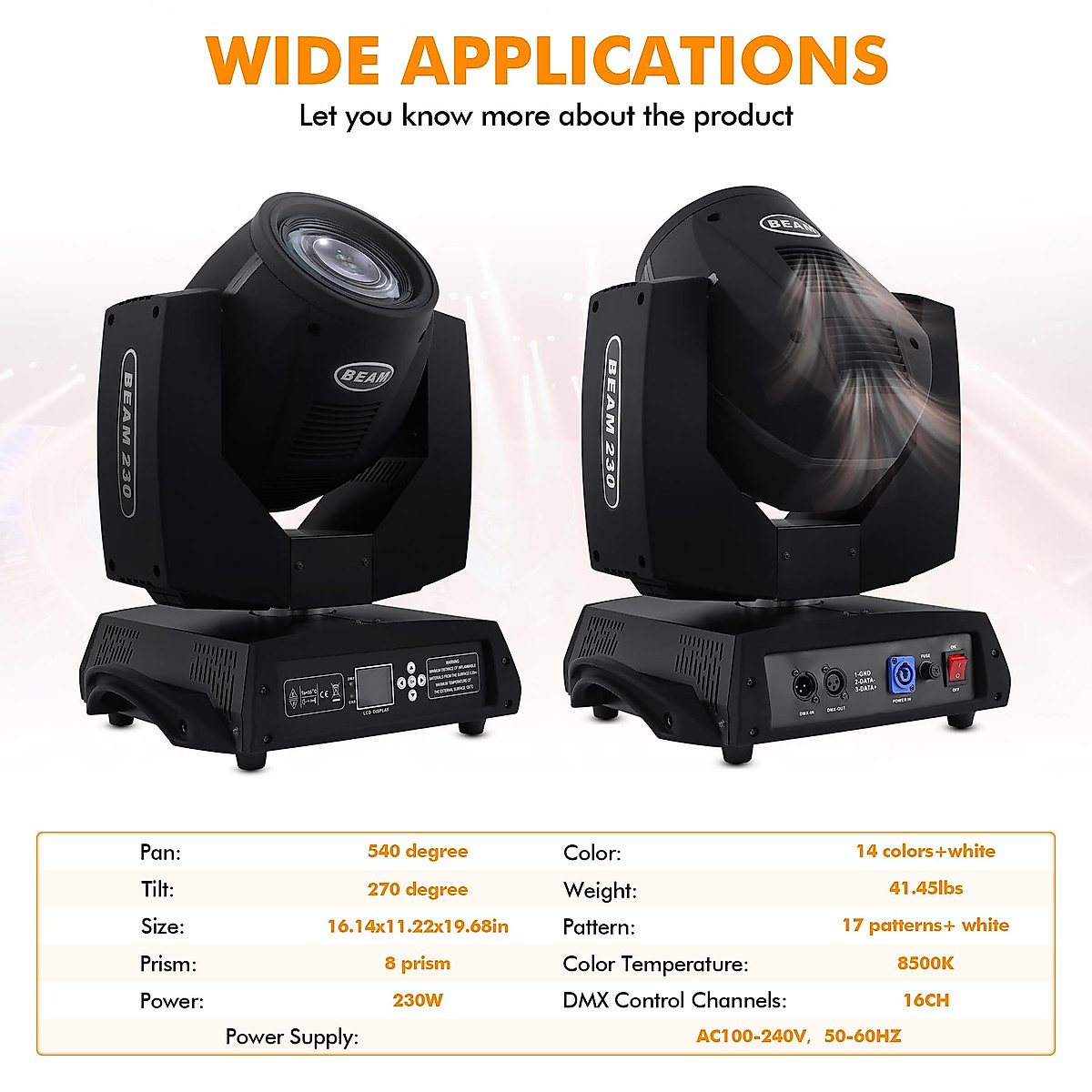 Ridgeyard 230w 7R 8 Prism DMX 512 Moving Head Zoom Light 16CH Beam Wash Spot GOBO Light DJ Disco Club Party Wedding Stage Christmas (2PCS)