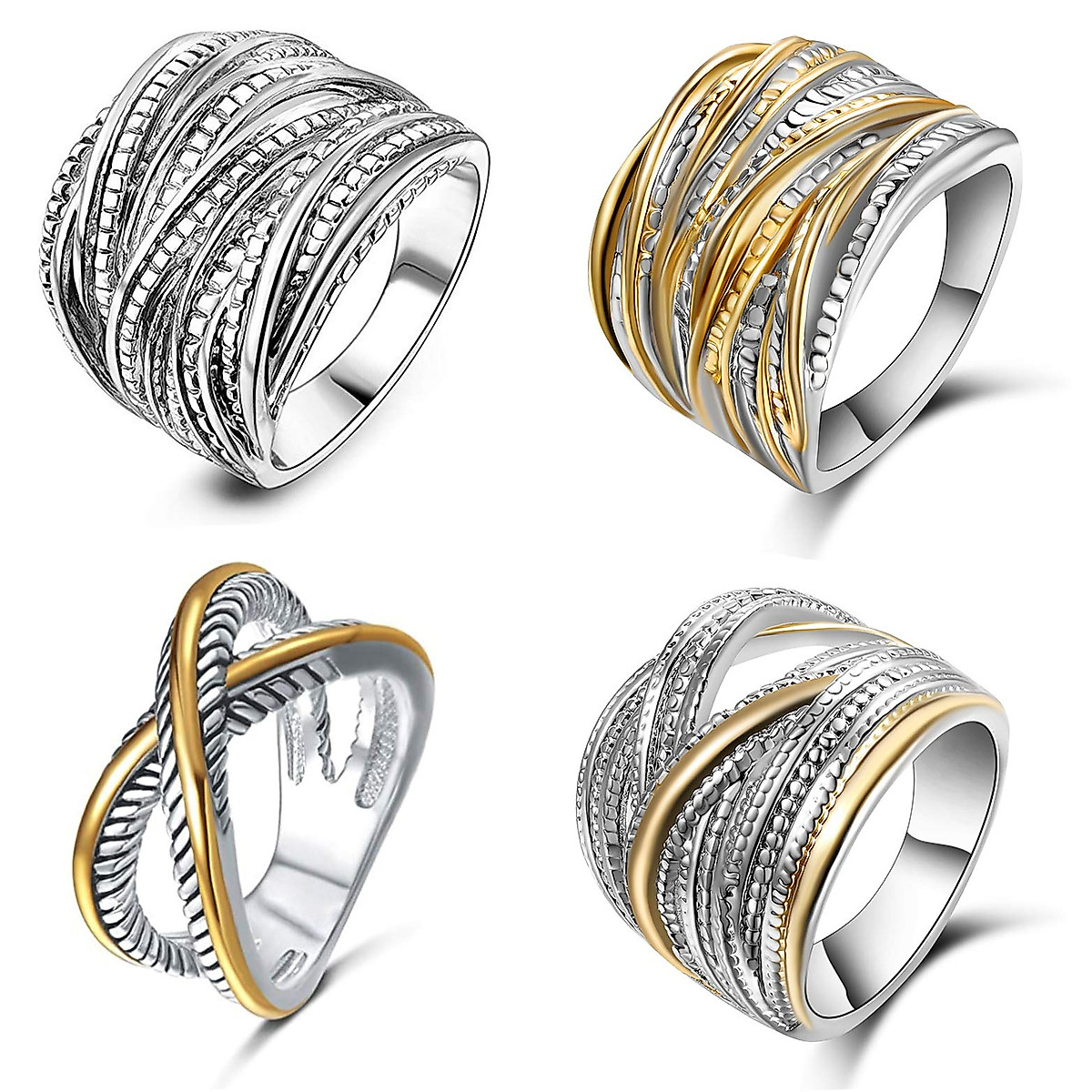 CASDAN 4Pcs Intertwined Crossover Statement Ring for Women Fashion Wrap Chunky Rings Twine Twisted Cable Wide Statement Band Ring for Men, Size 8