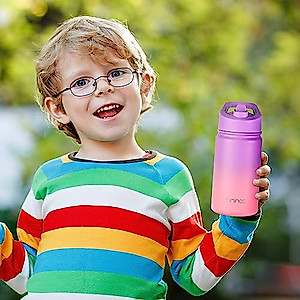 Mininoo Insulated Kids Water Bottle, 12 oz Stainless Steel Water Bottle Kids with Straw Lid and Chug Lid for Girls, Boys (Purple/Pink)